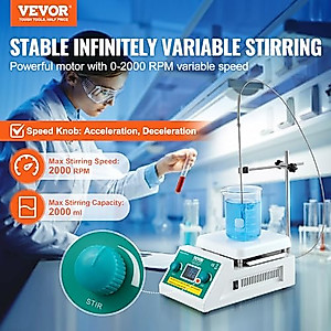 VEVOR Magnetic Stirrer Hot Plate, 2000ml Stirring Capacity Max 572°F Heating Hotplate Magnetic Stirrer 200-2000 RPM Magnetic Stirrer Magnetic Mixer with Support Stand Stirring Bar for Lab College