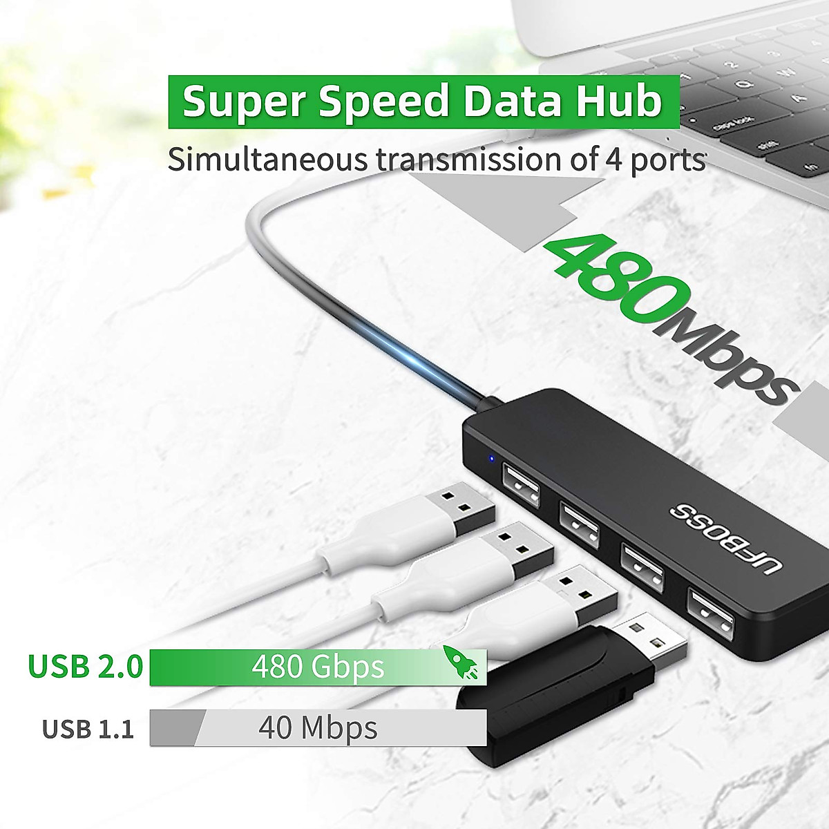 UFBOSS Ultra Slim 4 Port USB 2.0 Data Hub, 1Ft Long Cable USB Splitter for Laptop, Dell, Asus, HP, MacBook Air, Surface Pro, Acer, Xbox, Flash Drive, HDD, Console, Printer, Camera