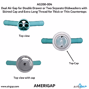 Dual Air Gap for Double Drawer or Two Separate Dishwashers with Skirted Cap and Extra Long Thread for Thick or Thin Countertops (AG200-004, AG200-001, T52, AMERIGAP)