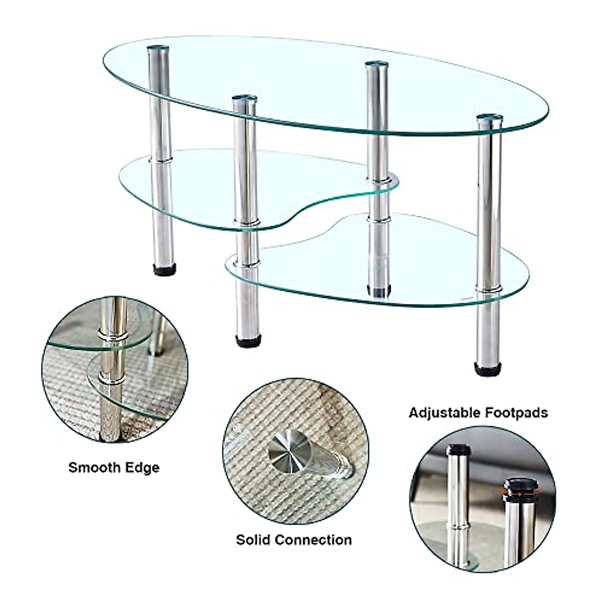 Oval-Shaped Glass Tea Table for Office, 3-Tier Modern Coffee Table, End Table for Living Room (Clear)
