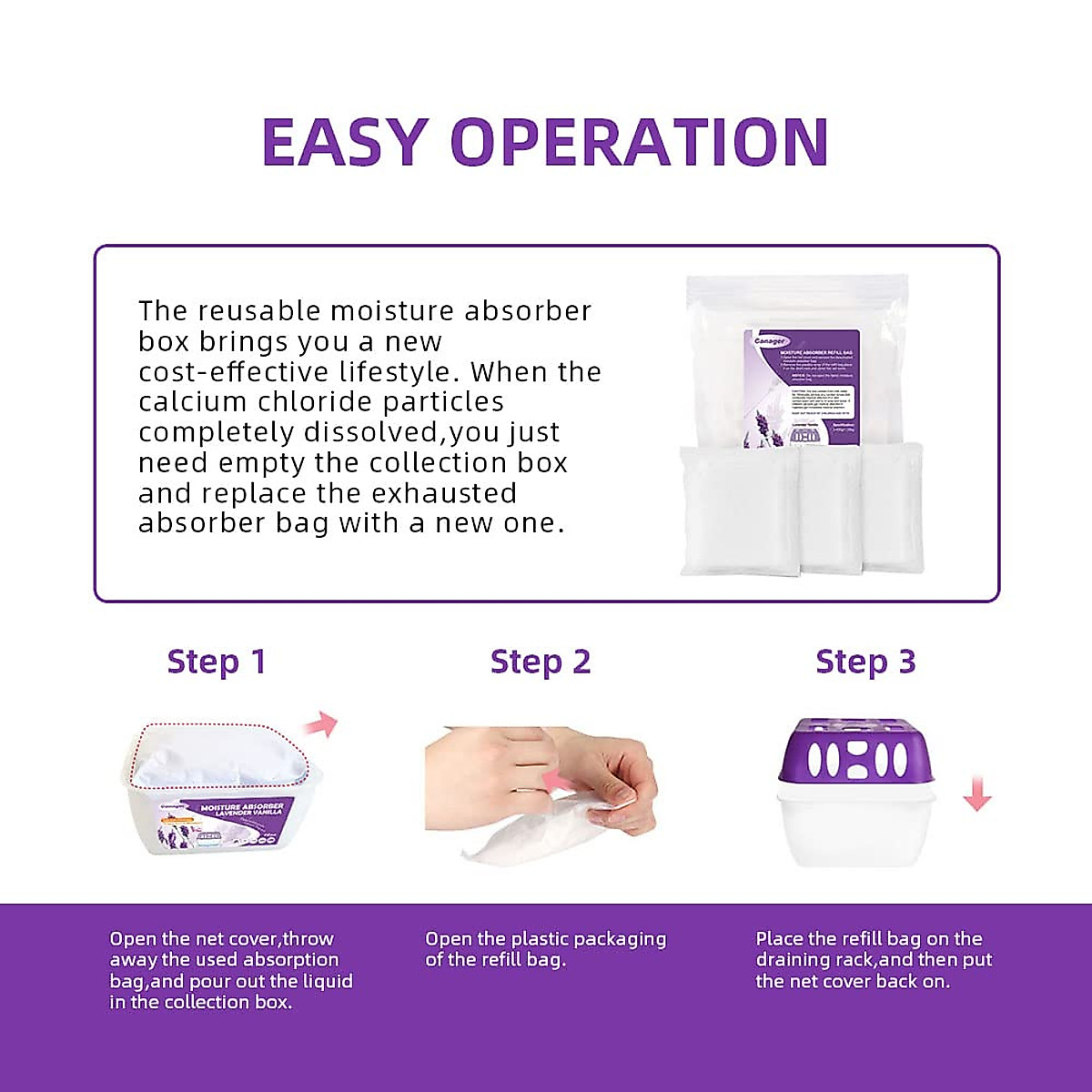 CANAGER Large Capacity Moisture Absorber Refill Bag - 16 oz 3 Packs, Lavender Vanilla, Individual Packaging, Easy to Replace, Absorb Excess Moisture and Create Fresh Air.