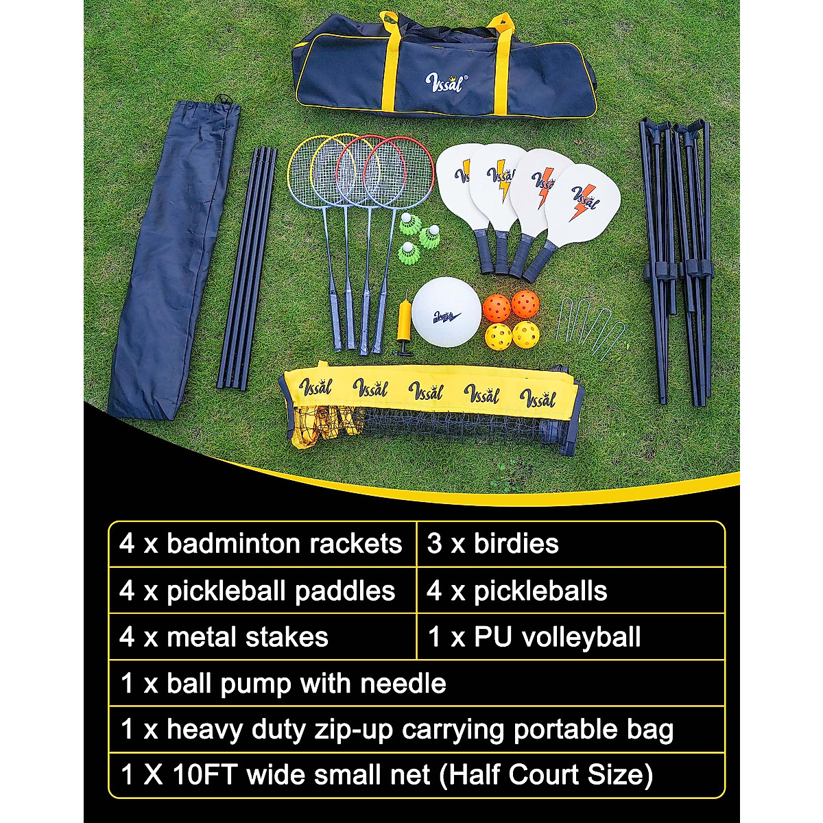 VSSAL 10FT Portable All-in-One Badminton, Pickleball and Volleyball Net Set Half Court (10ft Wide x 7ft max Height) Small Outdoor Sports Set with Adjustable Net for Backyards Beach or Driveway Games