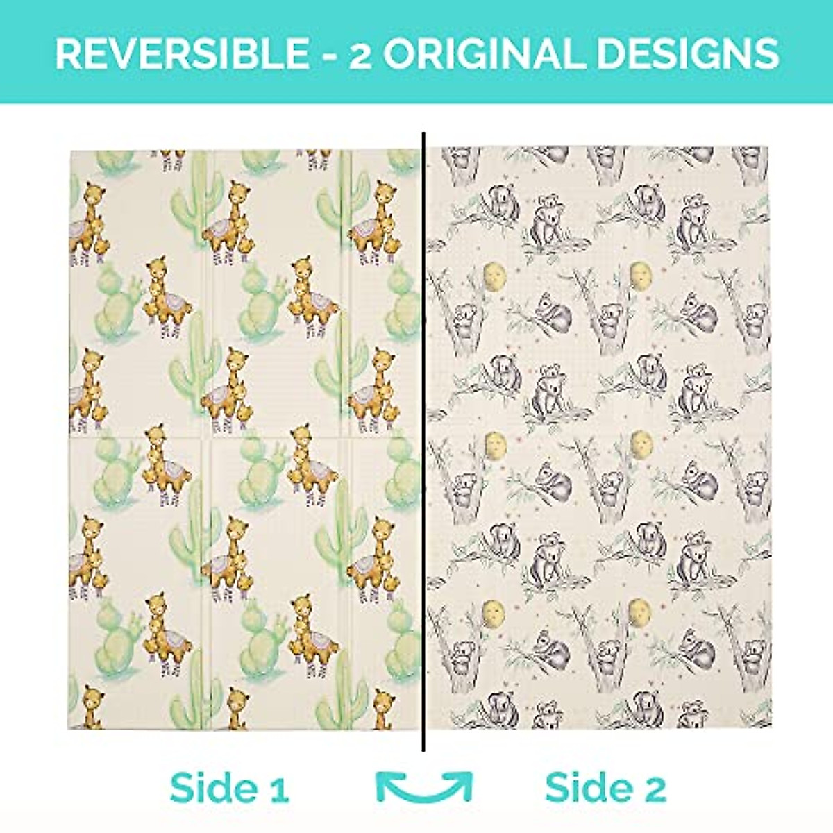 JumpOff Jo - Large Waterproof Foam Padded Play Mat for Infants, Babies, Toddlers, Play & Tummy Time, Foldable Activity Mat, 70 in. x 59 in. - Llama & Koala, Pack of 1