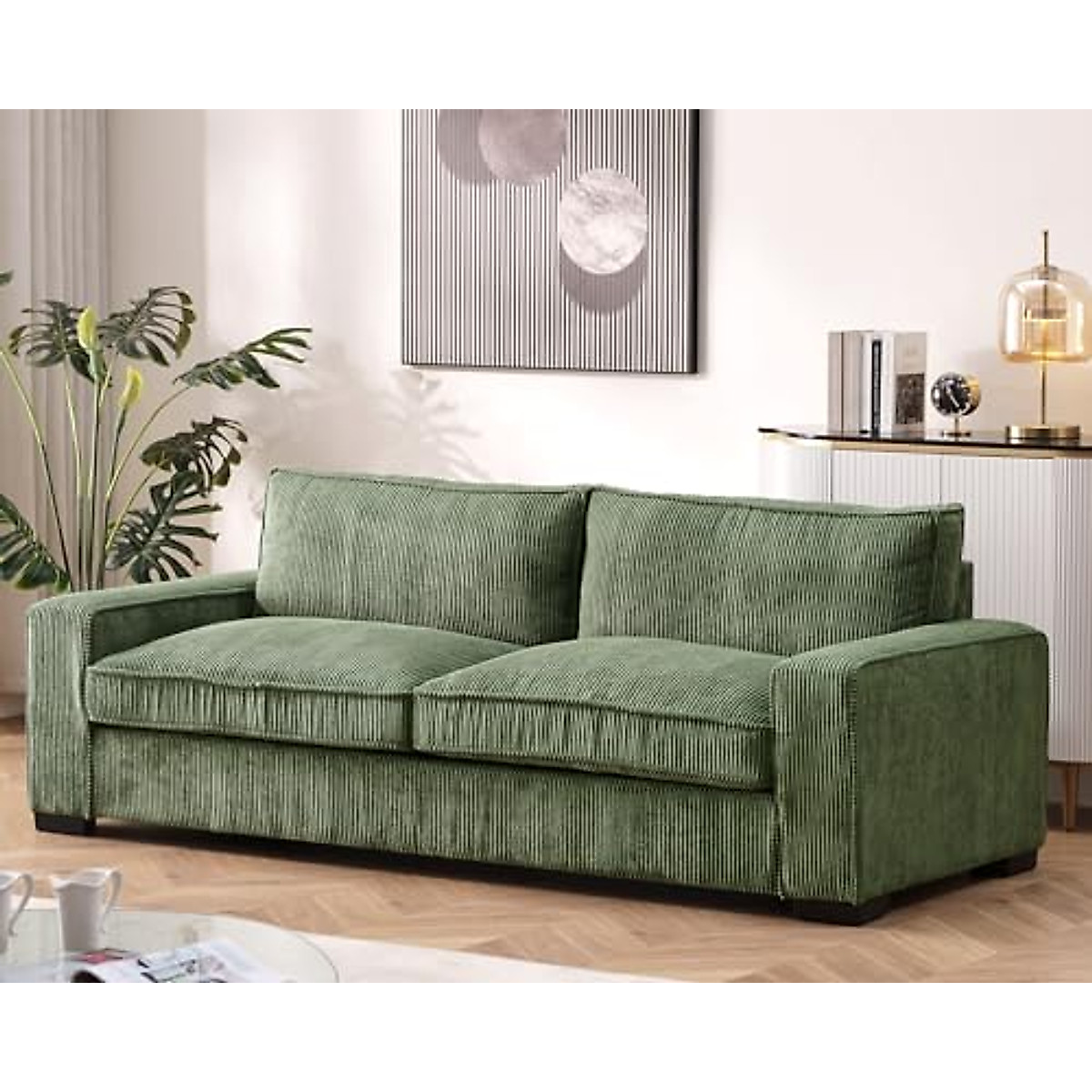 Container Furniture Direct Luxe Corduroy Sofa with Sleek Design, Spacious and Comfortable 3 Seater Couch for Modern Living Room, Ideal for Entertainment and Cozy Moments, Large, Green