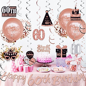 WOJOGO 60th Birthday Decorations Women, Rose Gold & Black Happy 60th Birthday Decorations Kit, Happy 60th Birthday Banner Hanging Swirls Birthday Cake Topper Balloons for Party Supplies