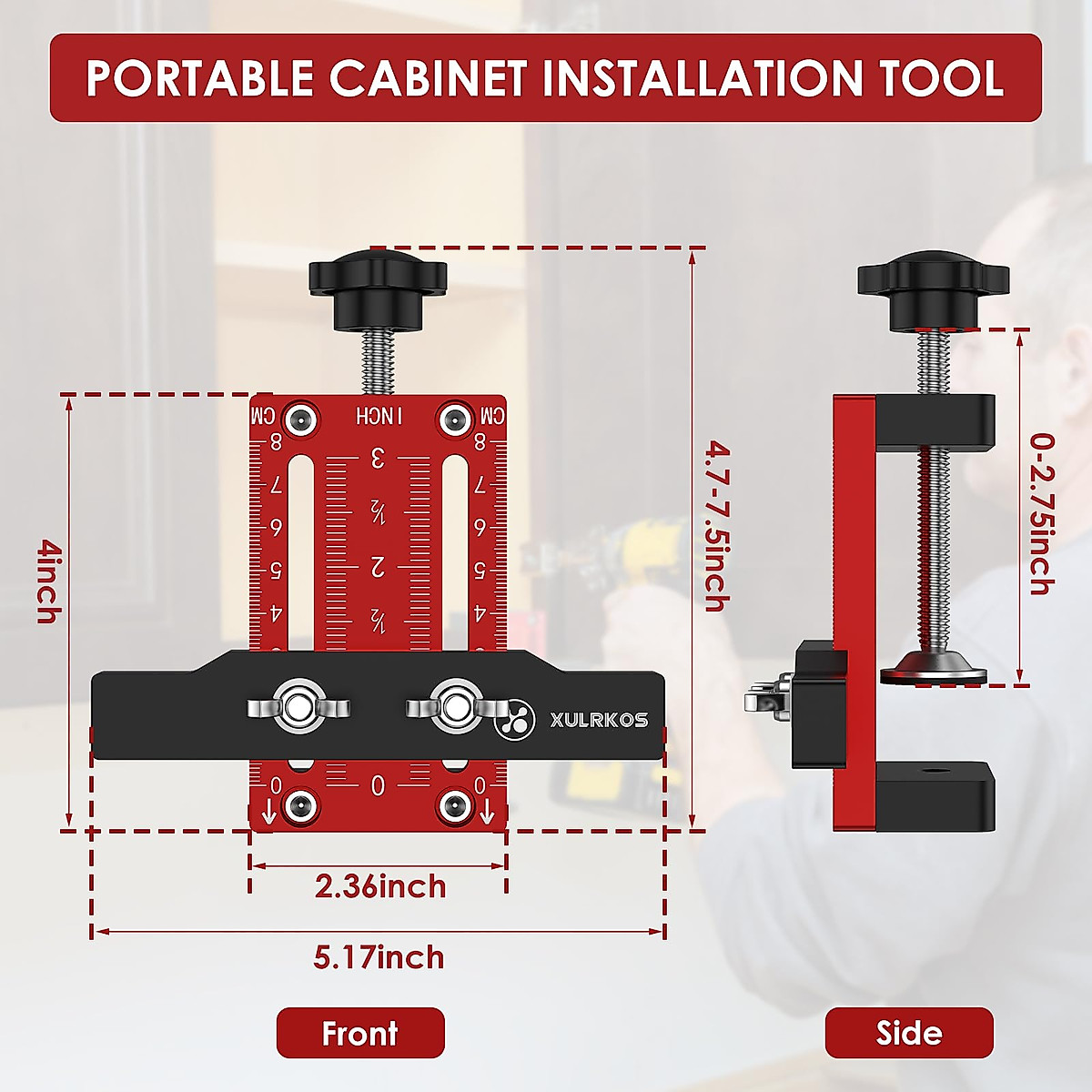 XULRKOS Cabinet Door Installation Positioner, Aluminum Alloy Cabinet Hardware Jig, Adjustable Length Cabinet Installation Tool, Punch Locator Precise Woodworking Drill Guide for Cabinet Installation
