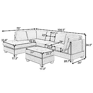 P PURLOVE Sectional Sofa with Reversible Chaise Lounge, Velvet L-Shaped Sofa with Storage Ottoman and Cup Holders, Nail Head Detail, Sectional Couches Living Room Furniture Sets (Black)