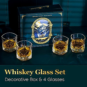 EdelweissPeak Bourbon Glasses Set of 4 in a Gift-Ready Box - Heavy Whiskey Glasses set of 4 with Mountains on Sides - Scotch Glasses Set 4 - mt Everest Expedition Whiskey Gifts for Men Series