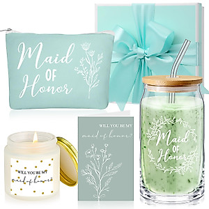 Inbagi Maid of Honor Gifts Box Set of 5 Includes Glass Cup with Lid and Straw Makeup Bag Sage Scented Candle Wedding Invitation Cards Proposal Gifts for Bridal Party Favors (Sage)