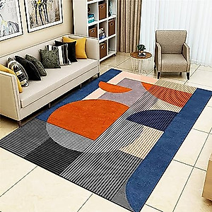 Modern Abstract Area Rug, 5x7ft, Blue Orange Gray Modern Geometric Rug Pad, Luxurious Fashion Minimalistic Art Design Anti-Slip Washable Carpet for Living Room, Indoor Rugs for Bedroom Dorm Hotel