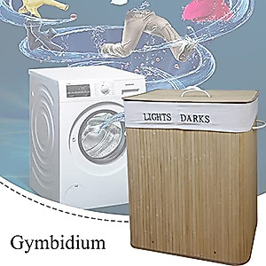 Double Laundry Hamper with Lid, Divided Laundry Basket with Cotton Handles, Bamboo Hamper with Liner for Laundry Room, Bedroom, 153L