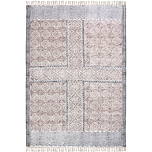 Casavani Hand Block Printed Hand Made Brown, Black Geometric Tassel Rug Cotton Easy Washable Rugs Floor Carpet for Doormat Entryway Living Room Bedroom Hallway Balcony 6x12 Feet Runner