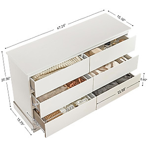 VECHOLL White Dresser for Bedroom, Modern Dresser with 6 Drawers, Bedroom Dresser Furniture, Wide Dressers, Wood Chest of Drawers Storage for Living Room, Hallway, Entryway