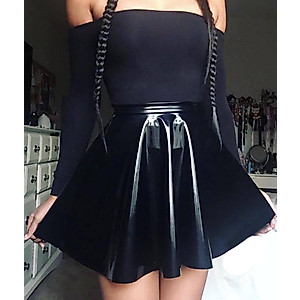 SEMATOMALA Women&#039;s PVC PU Leather Short Skater Skirt Black Latex Wet Look Shiny Pleated Flared A Line Mini Skirt Clubwear(BL,XL)