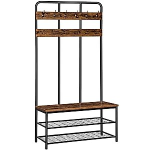 HOOBRO Hall Tree with Bench, Entryway Bench with Coat Rack, Mud Room Bench with 12 Double Hooks and Storage Bench, Coat Tree, Shoe Rack Organizer, for Foyer, Front Door, Rustic Brown BF05MT01