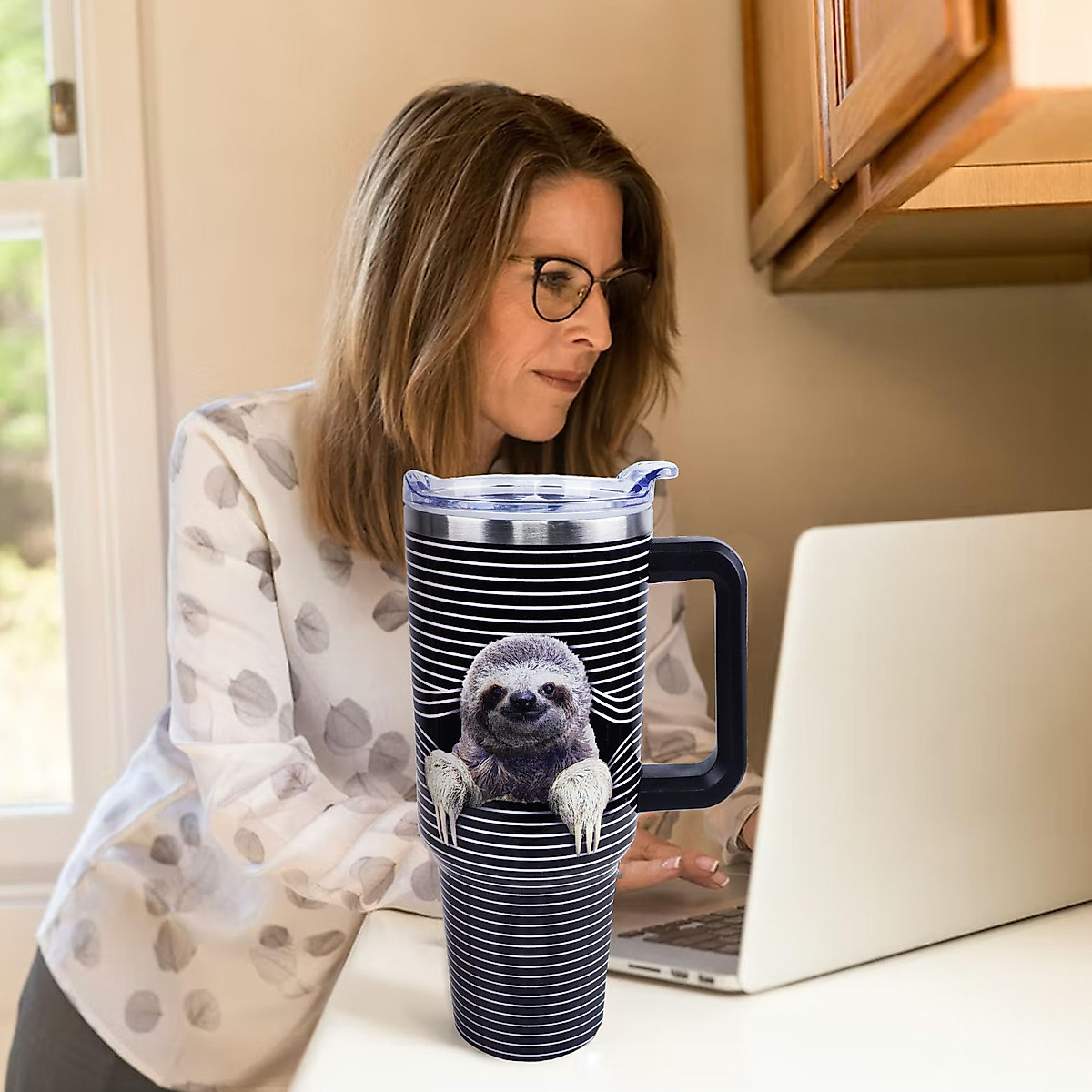 PERRIFIC Sloth Mug 30 oz Tumbler With Handle and Straw Lid - Leak Proof Insulated Travel Mug for Hot and Cold Drinks - Birthday Gifts for Women, Stainless Steel Cup