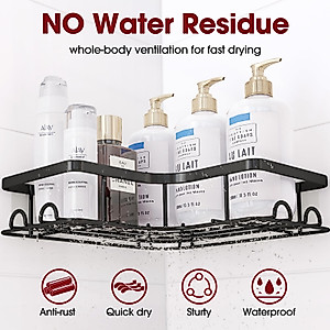 Sakugi Corner Shower Caddy - 2 Pack, Adhesive Shower Organizers, Rustproof Stainless Steel Shower Shelves with 8 Hooks, No Drilling Bathroom Organizers and Storage Racks, Space-Saving, Black,Medium