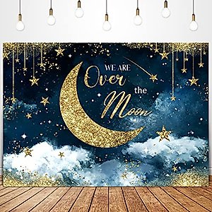 Glawry We are Over The Moon Baby Shower Backdrop for Photography 7Wx5H Feet Moon Stars Starry Night Watercolor Navy Blue Celestial Cloud Party Decorations Photoshoot Background Photo Booth Studio