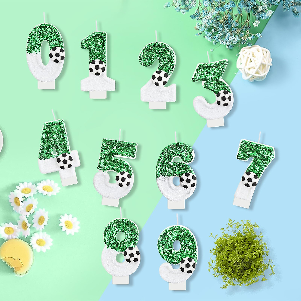 DAJISI 2.95 Inch Birthday Candle for Cake, Green Soccer Birthday Candles Number Candles for Birthday Cakes with 3D Soccor Large Sparkler Candles for Cake Topper Decoration (Number 7)