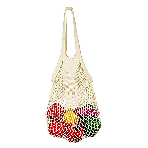 [2 Pack] Premium Mesh Grocery Bags, Reusable Produce Bags, Long Handle Net Tote Bags, 100% Cotton String Bags, Fruit and Vegetable Bags, Beige (Portable/Washable/Durable)