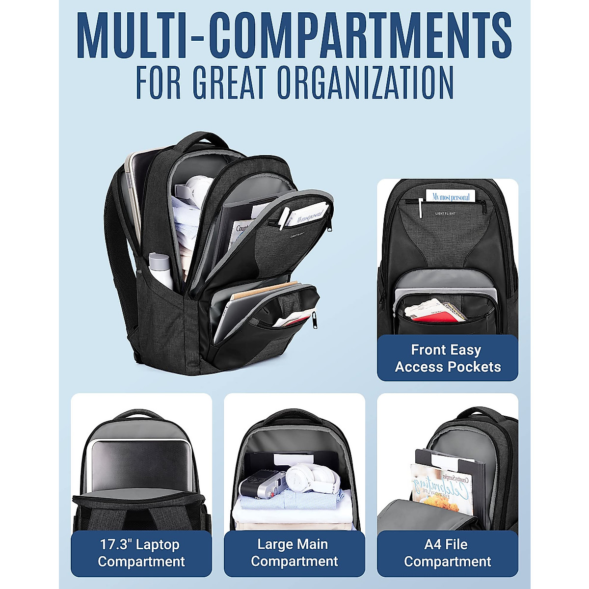 LIGHT FLIGHT Travel Backpack, Laptop Backpack for Men, School College Bookbag, 17.3 Inch Computer Backpack Business Back Pack, Work Bag with USB Charging Hole, 40L Large Casual Daypack, Black grey