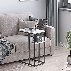 CubiCubi C Shaped End/ Side Table for Couch and Bed, Living Room Bedroom, Small Rustic Table with Metal Frames, Modern Design, White