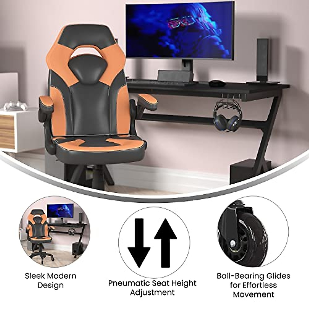 Flash Furniture X10 Gaming Chair Racing Office Computer PC Adjustable Chair with Flip-up Arms and Transparent Roller Wheels, Orange/Black LeatherSoft