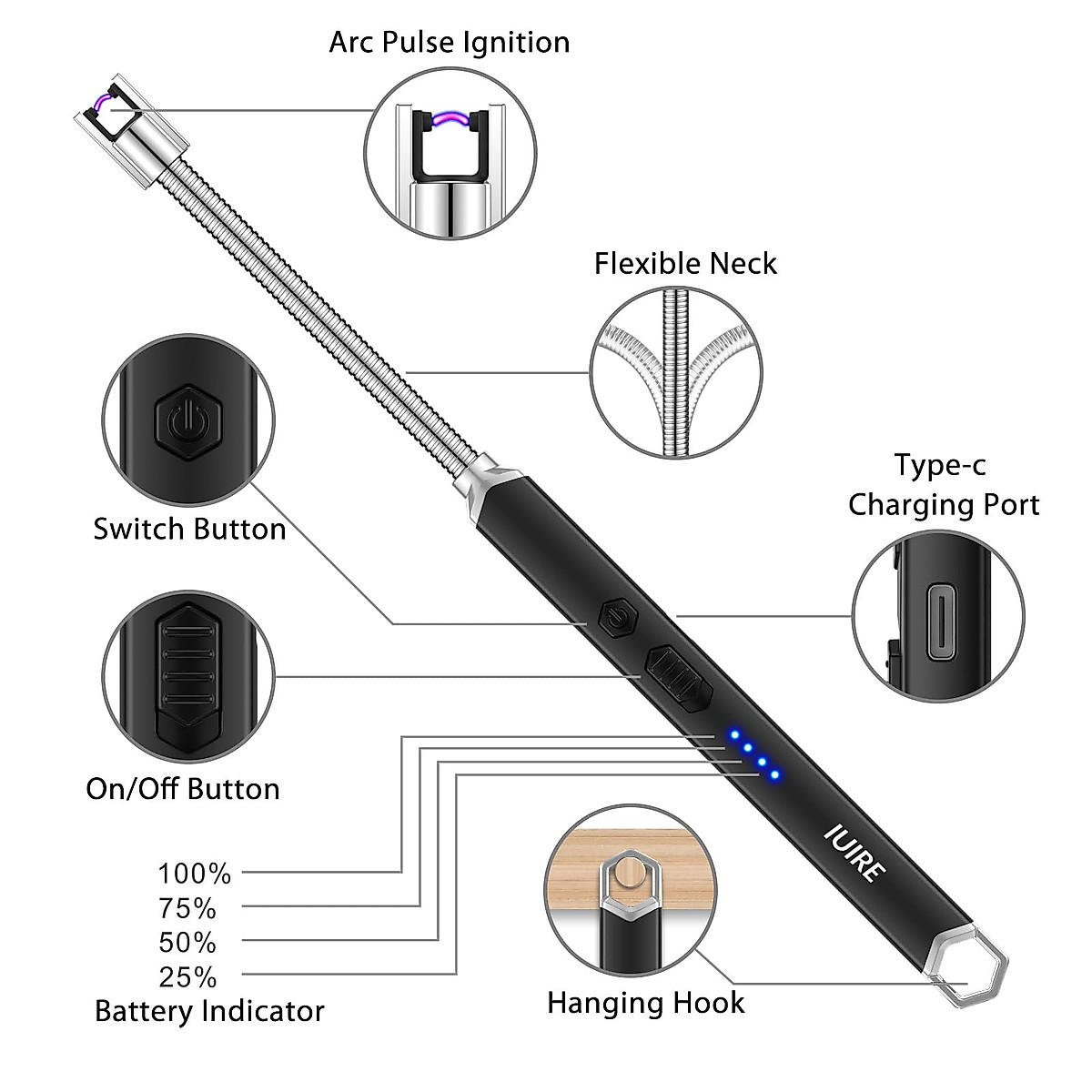IUIRE Candle Lighter Electric Rechargeable Arc Lighter with LED Battery Display Long Flexible Neck USB C Lighter (rose gold)