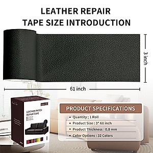 Leather Repair Patch Tape, Black 3 x 61 Inches Self Adhesive Leather Repair Kit for Furniture, Car Seat,Vinyl Leather Repair Kit for Office Chairs, Couch, Sofa, Luggage