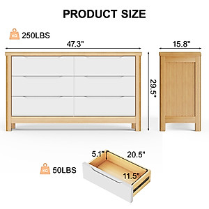 Polynices Bedroom Dressers with Drawers,Large Natural Wood Dresser & Chests of 6 Drawers Storage Organizer, Modern Wide Dresser for Bedroom, Kids Bedroom, Hallway White