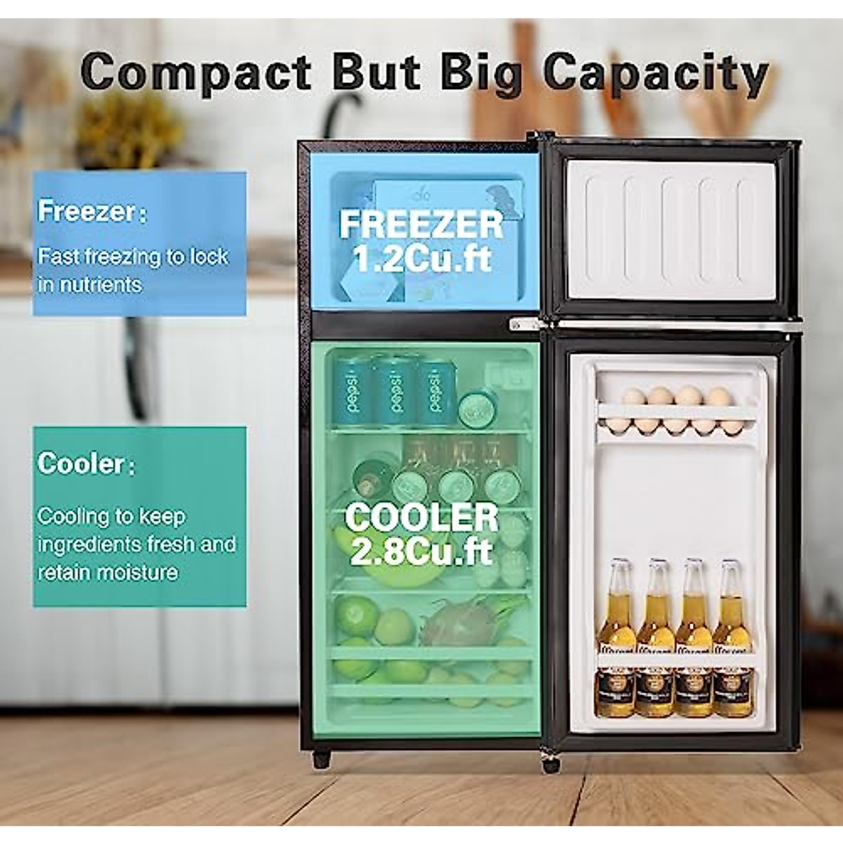 Anukis Compact Refrigerator 4.0 Cu Ft 2 Door Mini Fridge with Freezer For Apartment, Dorm, Office, Family, Basement, Garage, Black