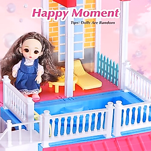 Doll House, Dream House for Girls 3 Stories 7 Rooms Dollhouses with 3 Dolls Toy Figures, Swim Pool, Slide, Furniture and Accessories, Pretend Playhouse Gift Toy for Kids Ages 3 4 5 6 7 8+