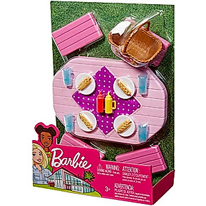 Barbie Outdoor Furniture, Pink Picnic Table with Adjustable Seats and Hot Dog Picnic for 4