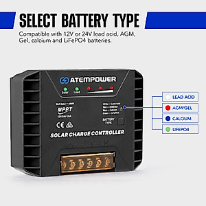 ATEM POWER 20A 12V/24V MPPT Solar Controller Selecting Battery Type Activate Lithium Battery Intelligent Solar Controller Compatible with Lead Acid, AGM, Gel, Calcium and LiFePO4 Battery