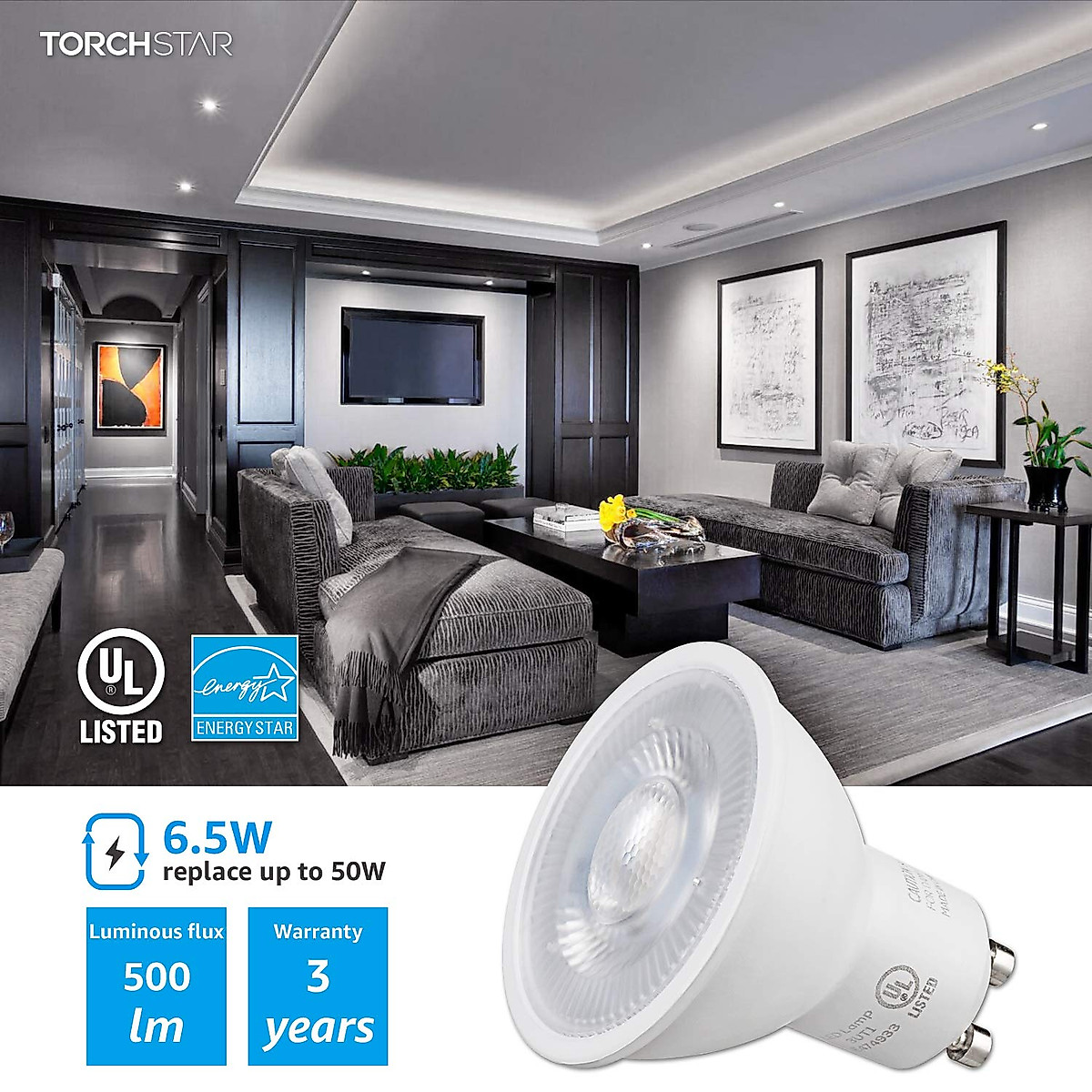 TORCHSTAR GU10 LED Bulbs Dimmable, 500LM 50W Halogen Equivalent, 5000K Daylight, 40° Beam Angle Spot Light Bulb for Recessed Lighting Track Lighting, UL & Energy Star Listed, Pack of 6