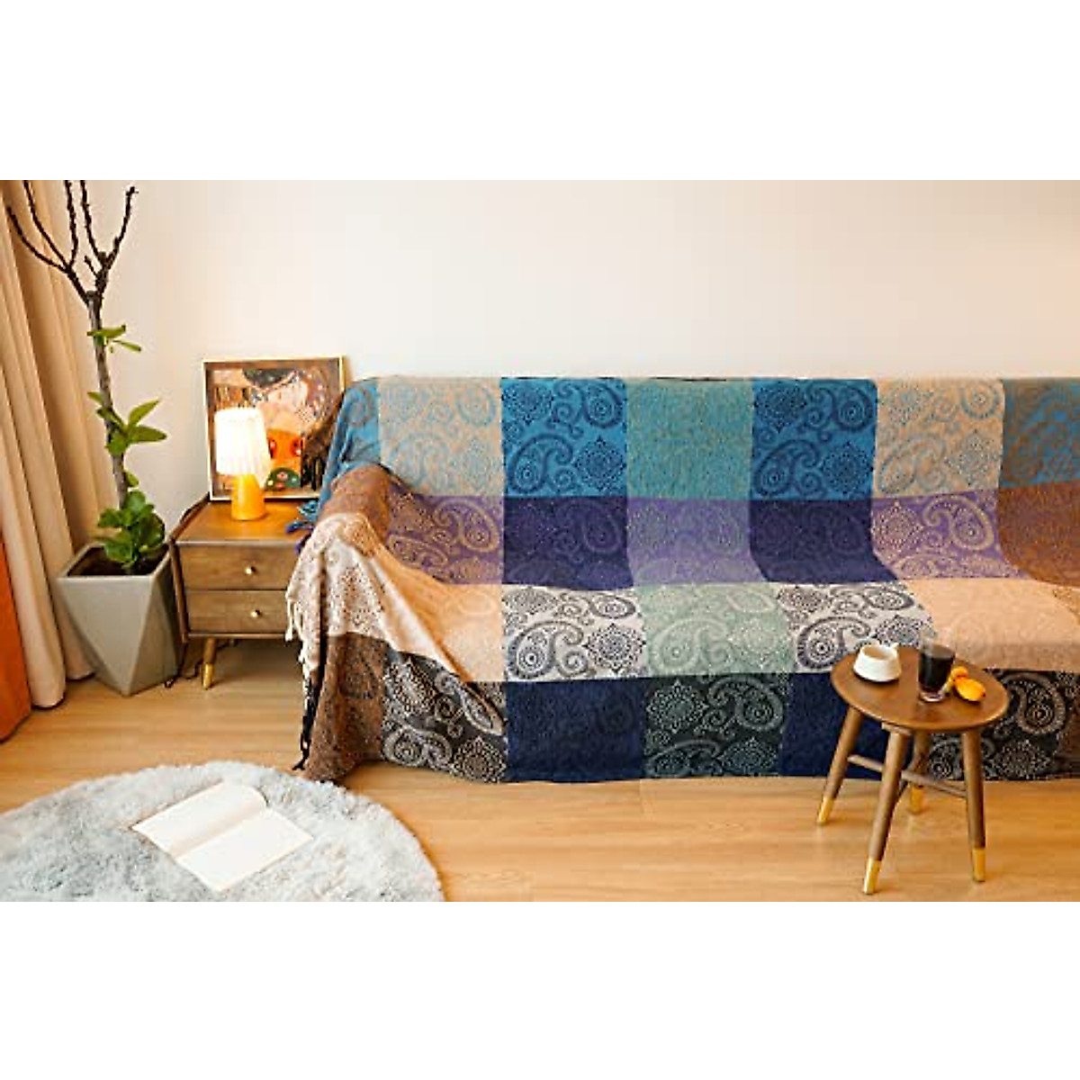 Knit Woven Super Soft Chenille Throw Blanket with Tassels Bohemian Throw Covers Large Couch Furniture Sofa Chair Loveseat Recliner Over Sized Cover (Flower, L (87" x 102"))