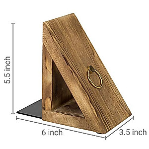 MyGift Rustic Burnt Wood Office Decor Bookends with Triangular Design, Decorative Wooden Bookend Book Stand with Brass Tone Ring Accent, 1 Pair