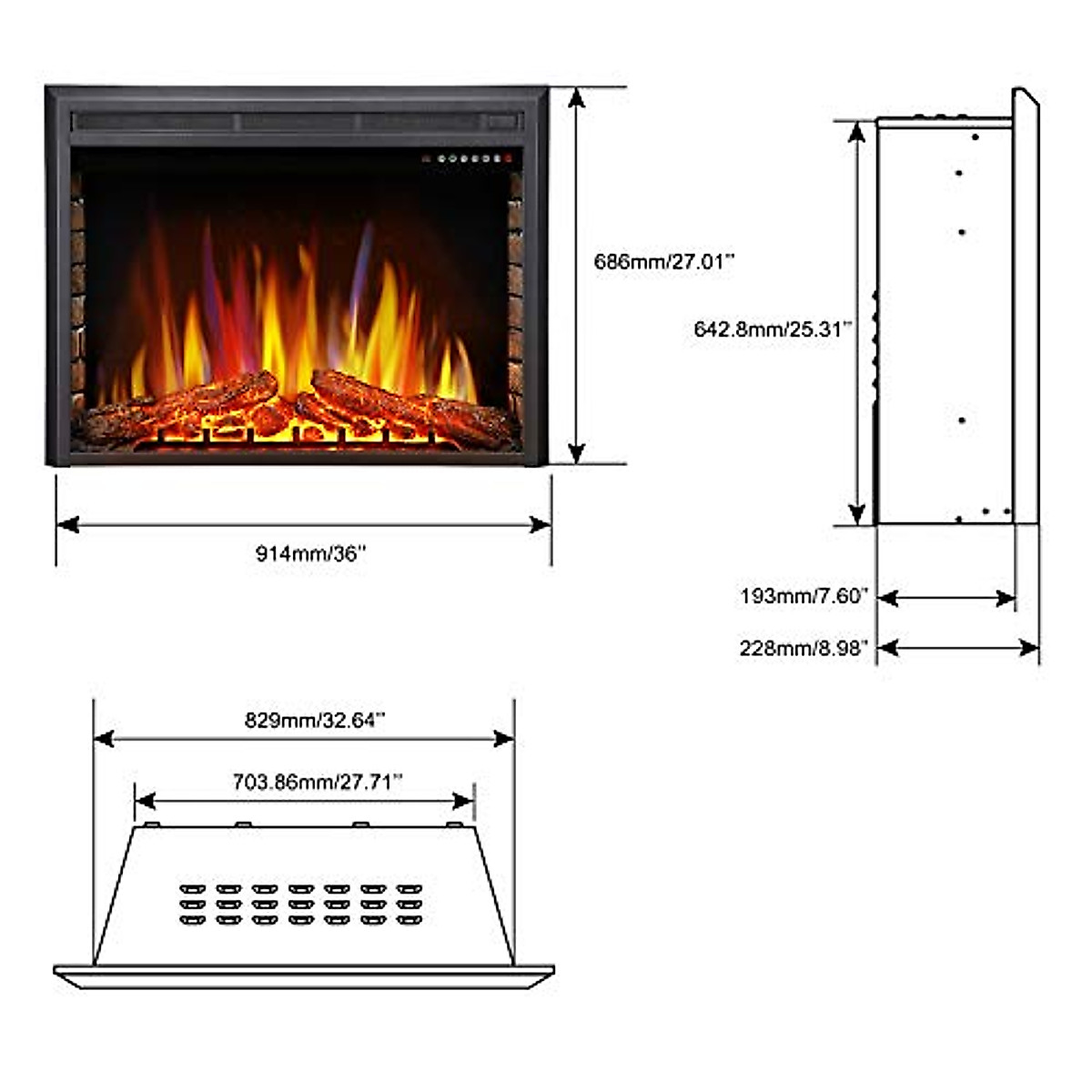 Antarctic star 36" Electric Fireplace Insert, Freestanding & Recessed Electric Stove Heater, LED Adjustable Flame with Burning Fireplace Logs Touch Screen, Remote Control, Timer, 750W-1500W.