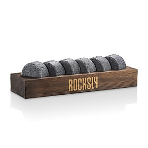 ROCKSLY Whiskey Stones Gift Set for Men | Whiskey Rocks Chilling Stones Set of 6 | Reusable Ice Cubes Chilling Rocks in a Wood Tray for Whiskey Lovers,Christmas, Men, Dad, Boyfriend