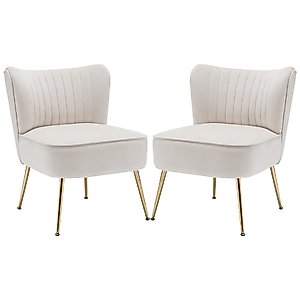 ABET Accent Chairs Set of 2, Velvet Armless Living Room Chairs with Tufted Wingback Thicken Cushion Gold Metal Legs, Comfy Upholstered Side Chairs Slipper Chairs Club Chairs for Bedroom, Beige