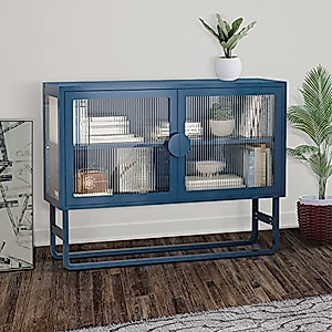 Double Glass Door Storage Cabinet, Retro Style Sideboard Buffet Cabinet with U-Shaped Leg Cold-Rolled Steel Cupboard Console Table with Adjustable Shelf for Living Room Dining Room Kitchen, Blue