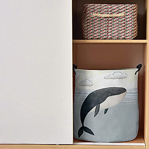Whale Large Laundry Basket, Waterproof Laundry Hamper for Baby Clothes, Blue Sea Underwater Clouds Sky Cartoon Draw Foldable Laundry Baskets with Handles, 16.5''x17''
