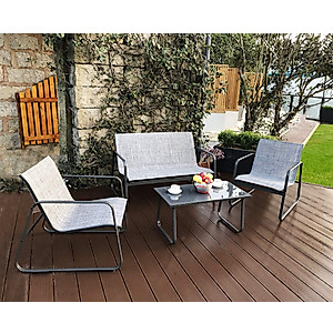 Kozyard Sofia 4 Pieces Outdoor Patio Furniture Conversation Set with Strong Powder Coated Metal Frame, One Love Seat, Two Single Chairs and One Table for Front Porch Balcony Backyad (Gray)