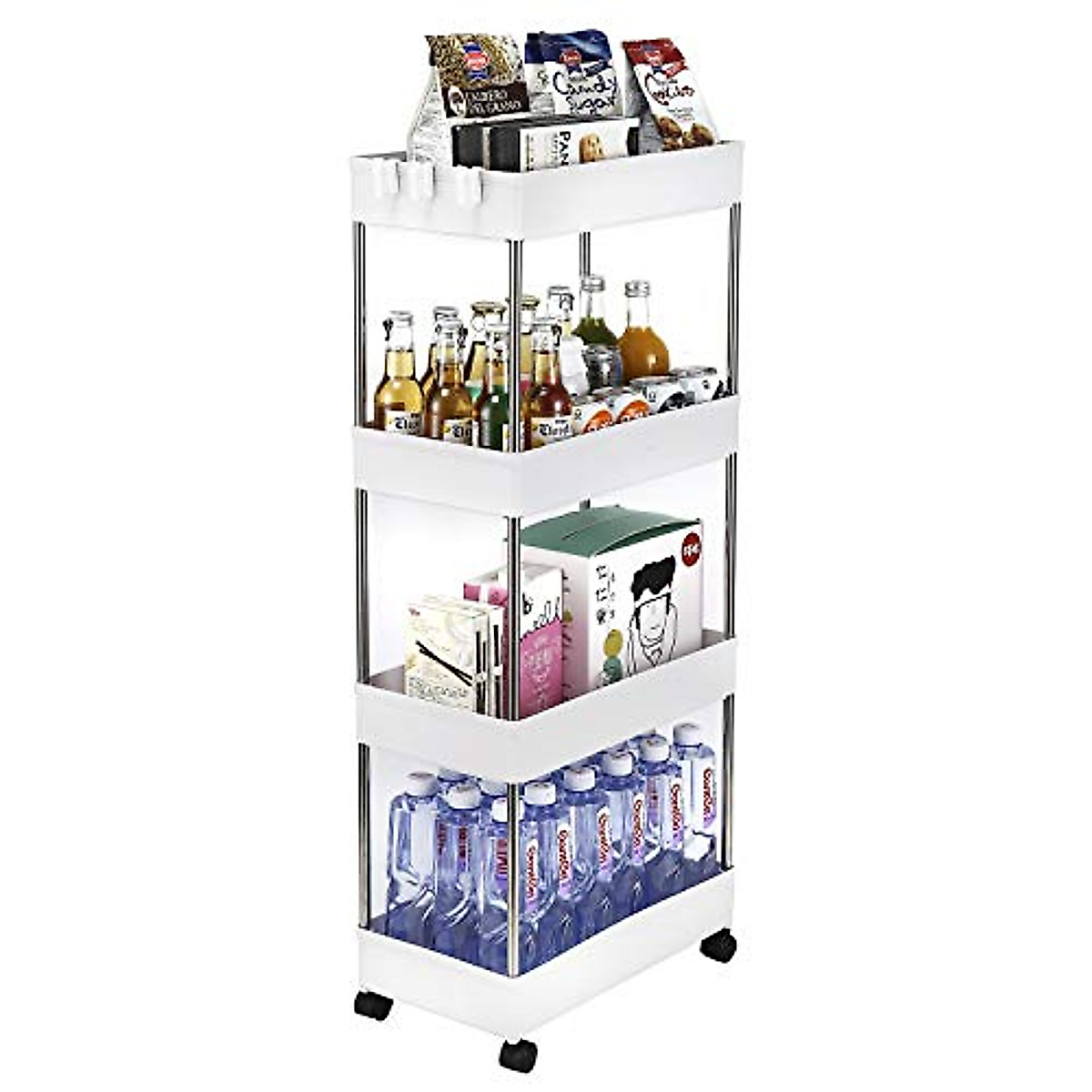 4-Tier Rolling Cart on Wheels, Mobile Slim Rolling Cart with Hooks, Multi-Functional, Suitable for Kitchen, Bathroom, Laundry Room Narrow Place, Plastic and Stainless Steel, White (16L x 8.7W x 34.5H)