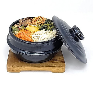 Korean Stone Pot(Dolsot,Ttukbaegi) with Lid, 32oz Premium Ceramic Hot Pot for Bibimbap and Soup, Sizzling for Authentic Korean Cooking, Includes Wooden Tray Set