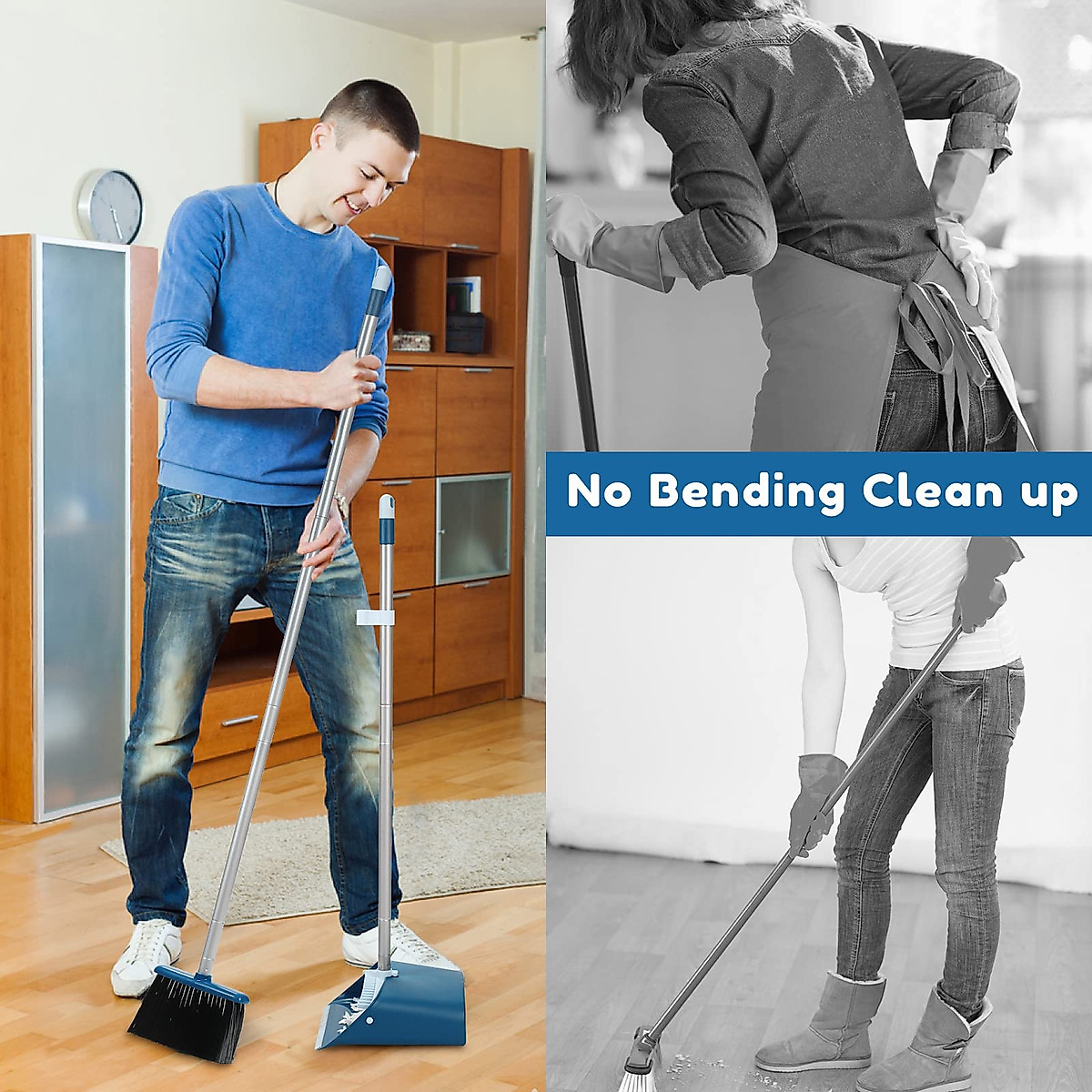 SONCAL Standing Dustpan and Broom Set with 52" Long Extendable Handle for Home, Indoor, Kitchen Room Office Lobby Floor Cleaning