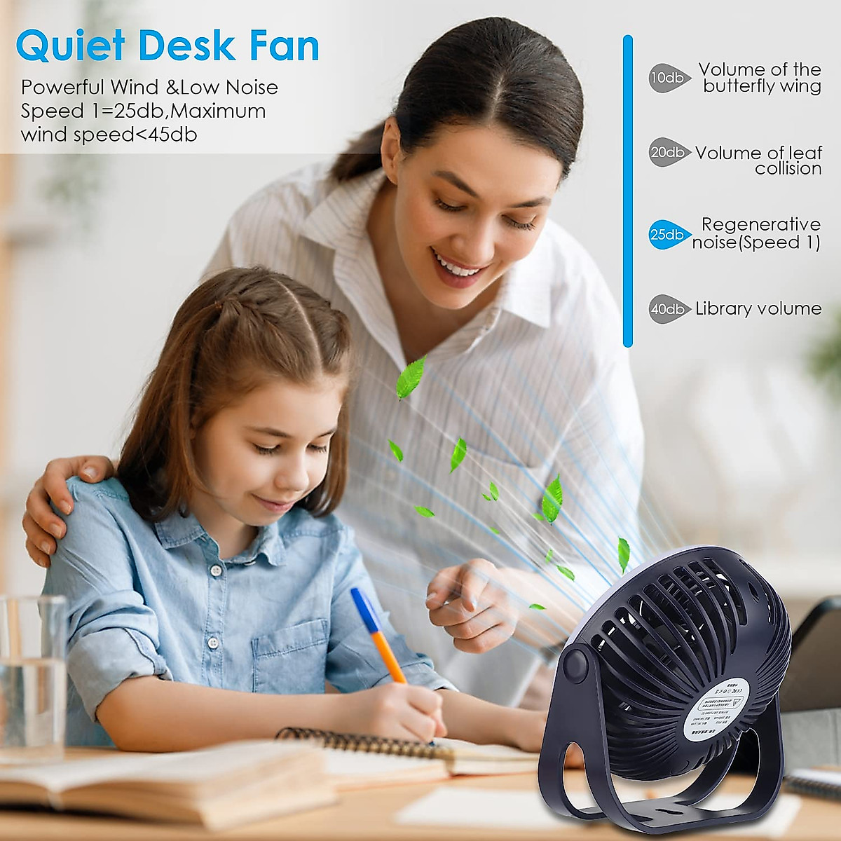 USB Desk Fan,2000mAh Powerful Desktop Table Cooling Fan,Small Personal Fan,USB Rechargeable Mini Fan with 3 speed Strong Airflow for Home Office Desktop Camping,Summer Gift for Friends