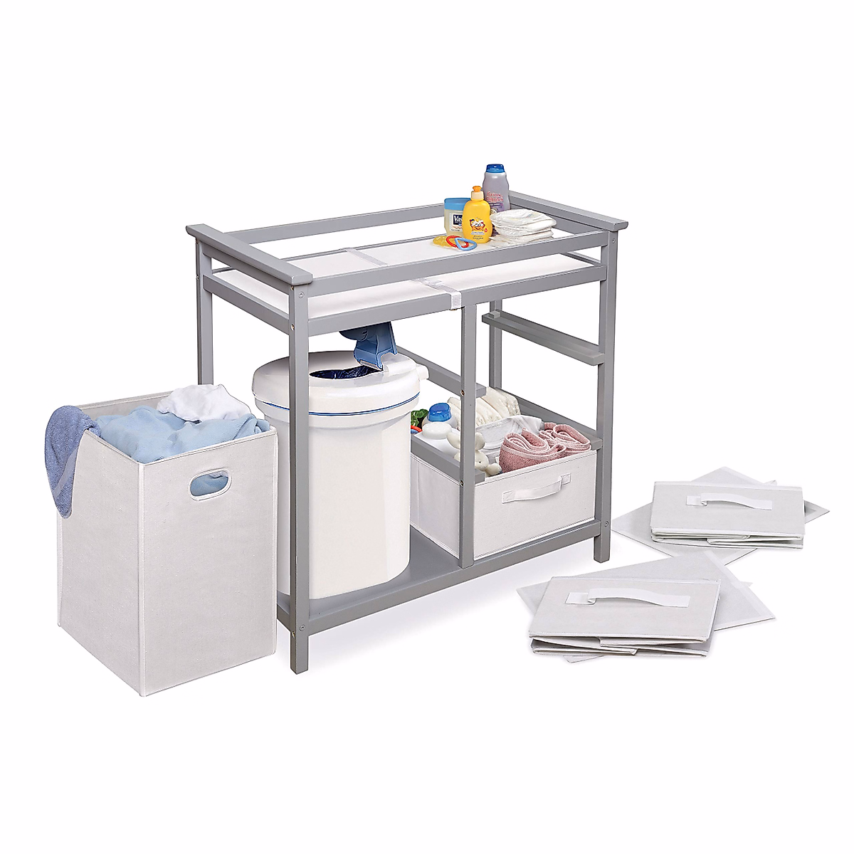 Badger Basket Modern Baby Changing Table with Laundry Hamper, 3 Storage Drawers, and Pad - Cool Gray