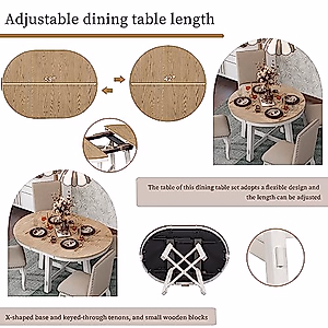 Merax 5 Piece Round Dining Table Set, Solid Wood Extendable Dining Table and 4 Upholstered Dining Chairs for Kitchen Dining Room (Oak Natural Wood + Antique White)