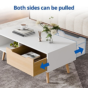 Cozy Castle Modern Coffee Table, Wooden Cocktail Table with Storage, Minimalist Hallway Table, Mid Century Modern Coffee Table for Living Room Apartment Reception, White